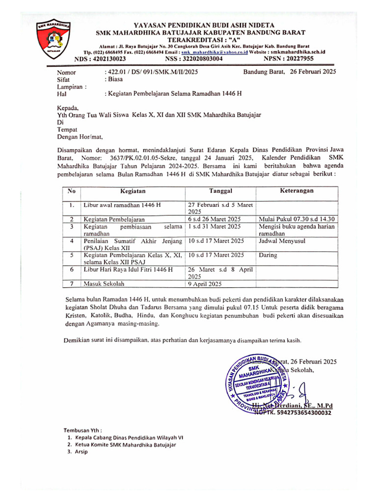 Pemberitahuan KBM Ramadhan SMK | PDF