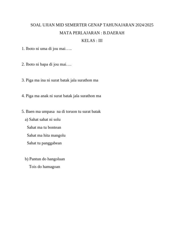 Soal Ujian Mid Semerter 2 b.daerah | PDF