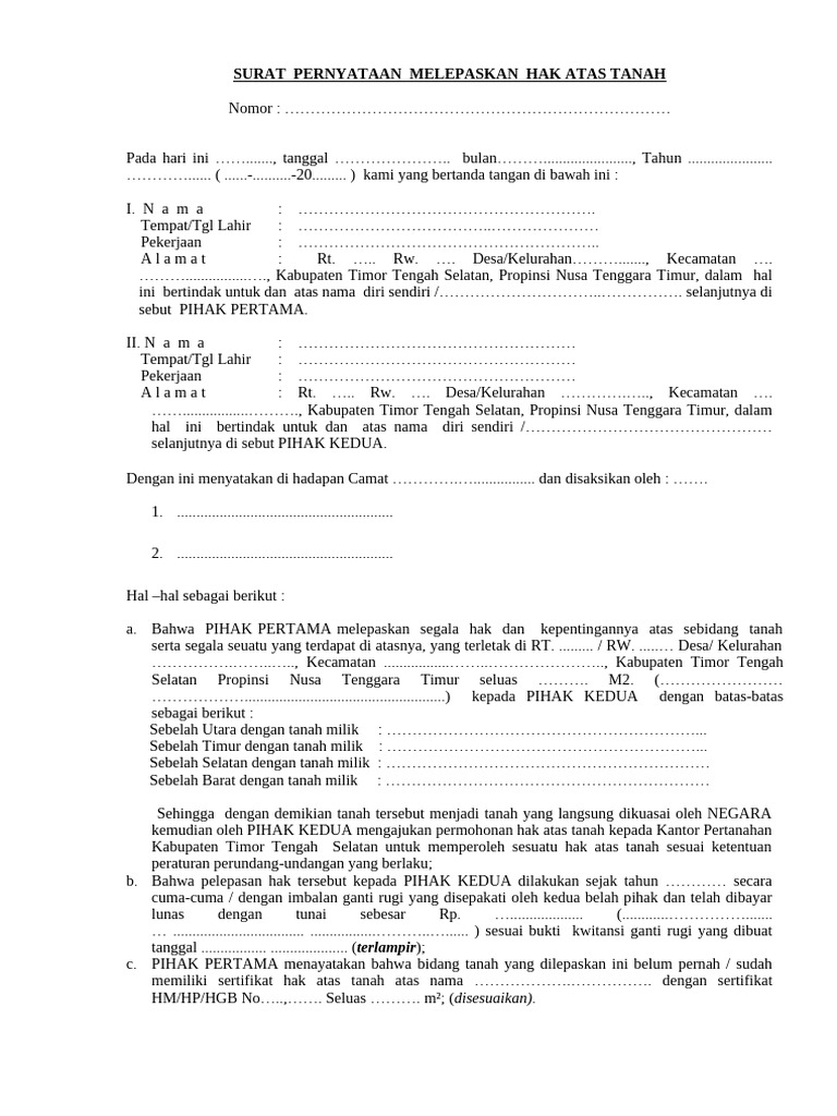 Contoh SURAT PERNYATAAN PELEPASAN HAK | PDF