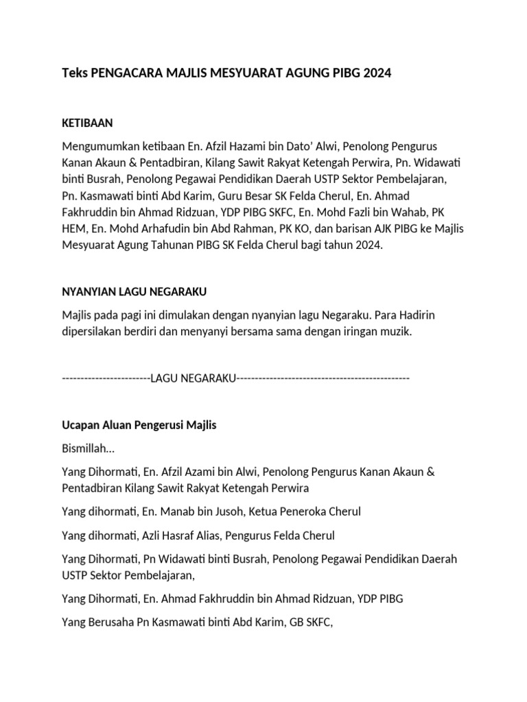 Teks MC Mesyuarat Agung Pibg | PDF