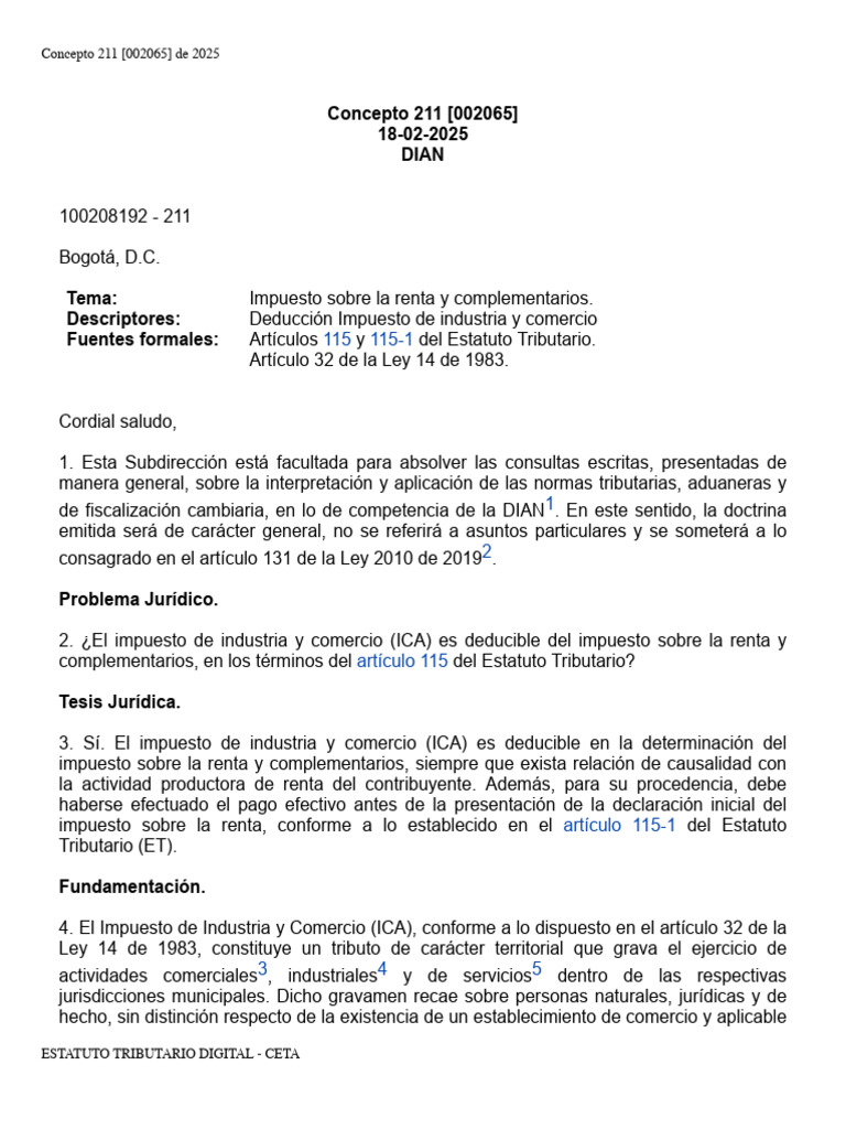 Concepto 0211 DIAN ICA Deducibilidad Arts. 115 y 115 1 ET 18feb2025 | PDF | Impuestos | Impuesto ...