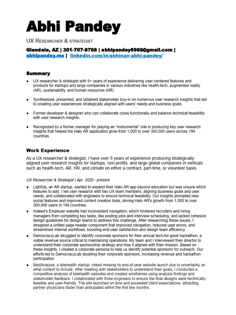 Abhi Pandey Resume | PDF | Usability | Startup Company