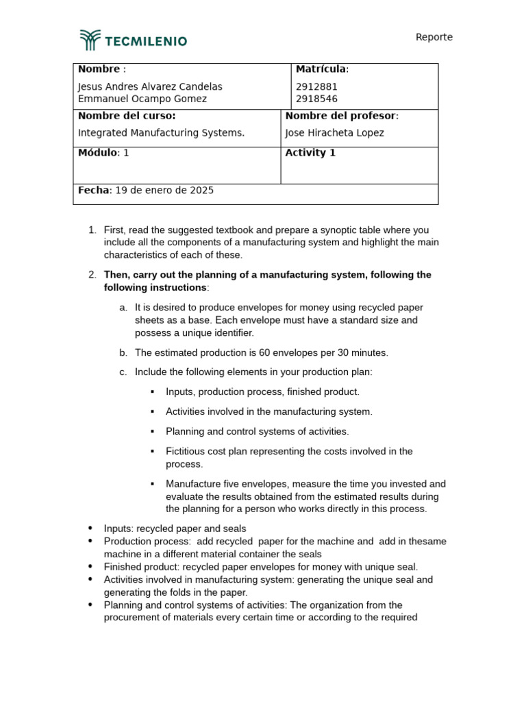 Activity 1 Integrated Manufacturing Systems. | PDF | Envelope | Paper