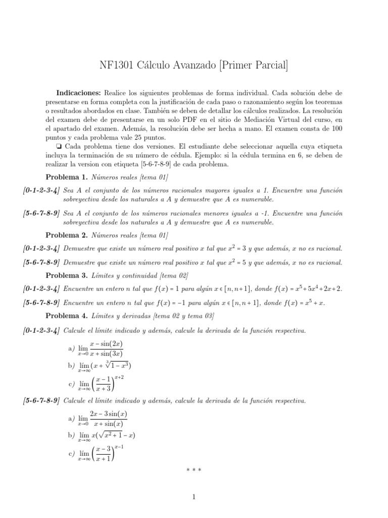 NF1301 Calculo Avanzado Autoevaluacion I | PDF | Número racional | Número Real