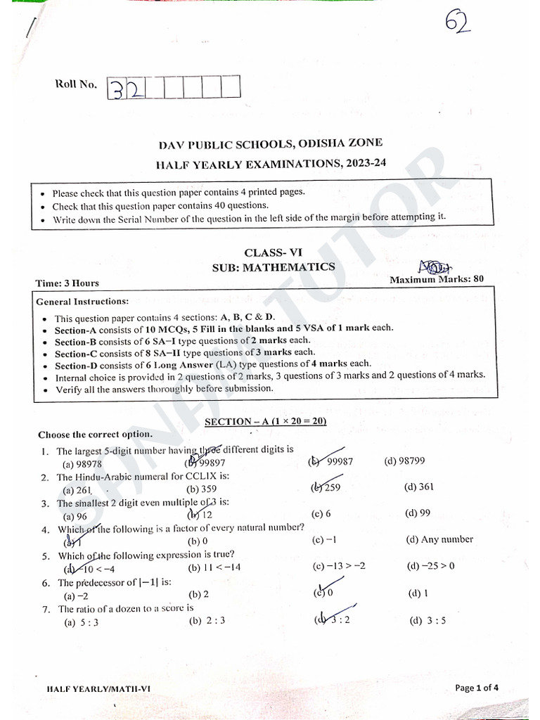 CLASS 6 Half Yearly Question Paper | PDF