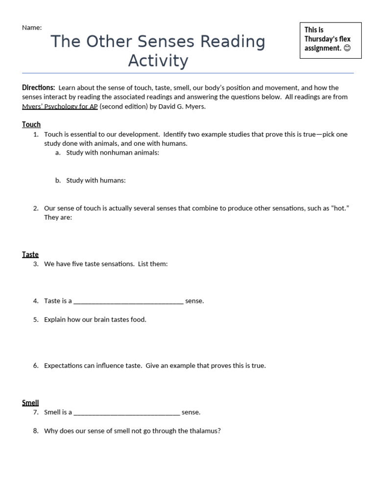 The Other Senses Reading Activity | PDF | Taste | Odor