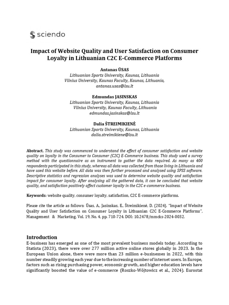 Impact of Website Quality and User Satisfaction On Consumer Loyalty in Lithuanian C2C E-Commerce ...