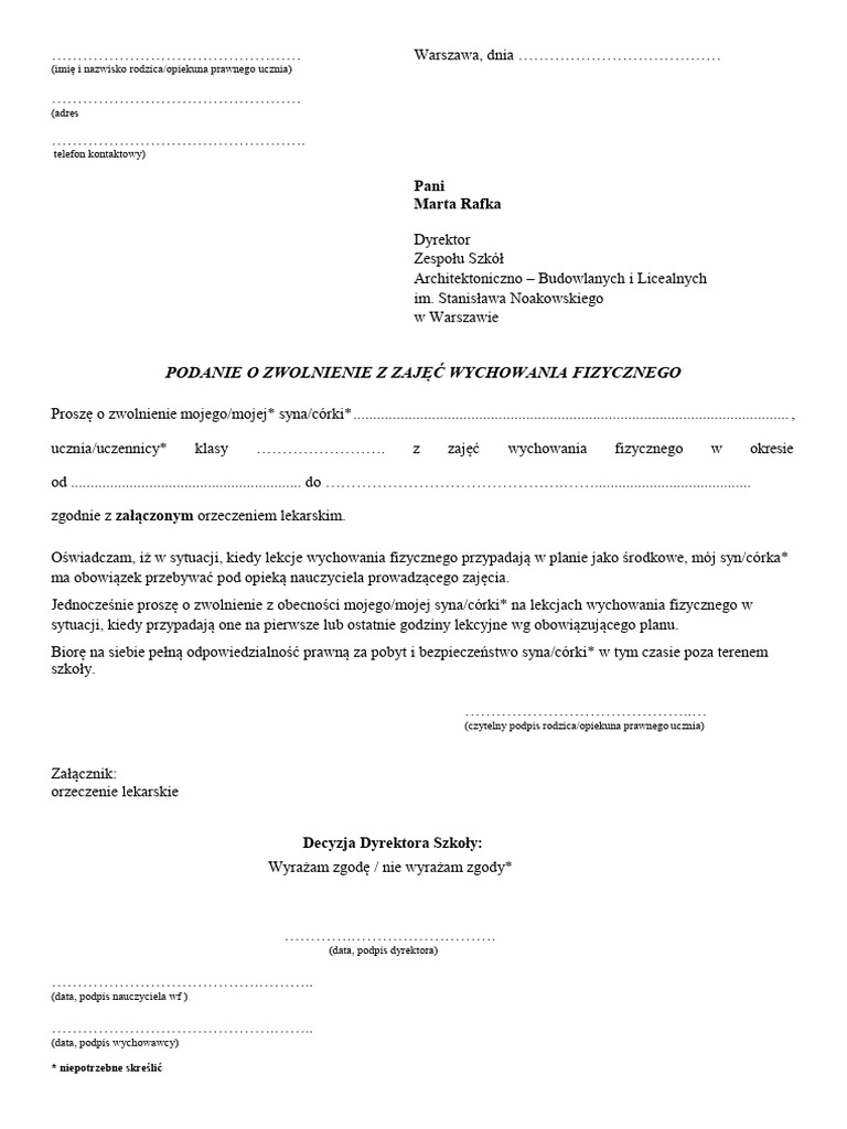 Podanie o Zwolnienie Z Zajęć Wychowania Fizycznego 2021-2022 | PDF