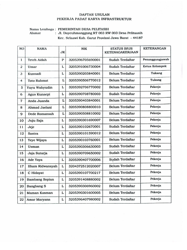 DAFTAR USULAN PADAT KARYA INFRASTRUKTUR 2025 PELITAASIH | PDF