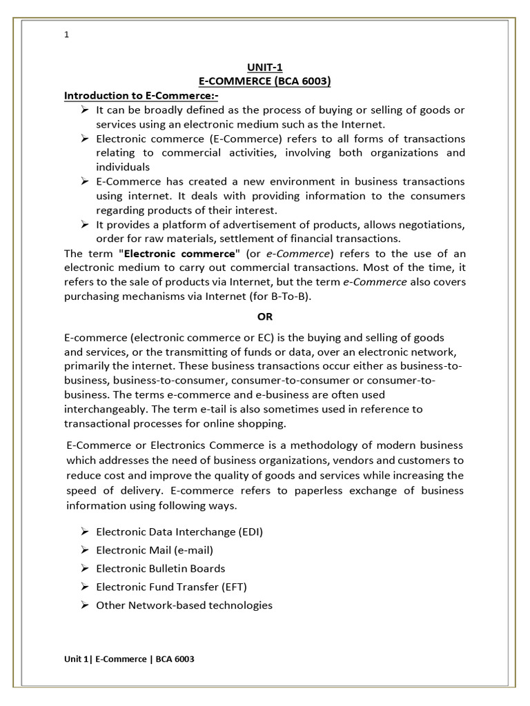 Unit 1 e Commerce (Bca 6003) | PDF | E Commerce | Supply Chain