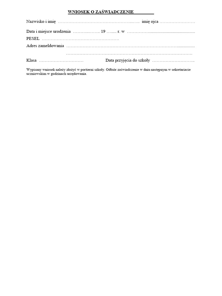 Wniosek o Zaswiadczenie Do Wku | PDF