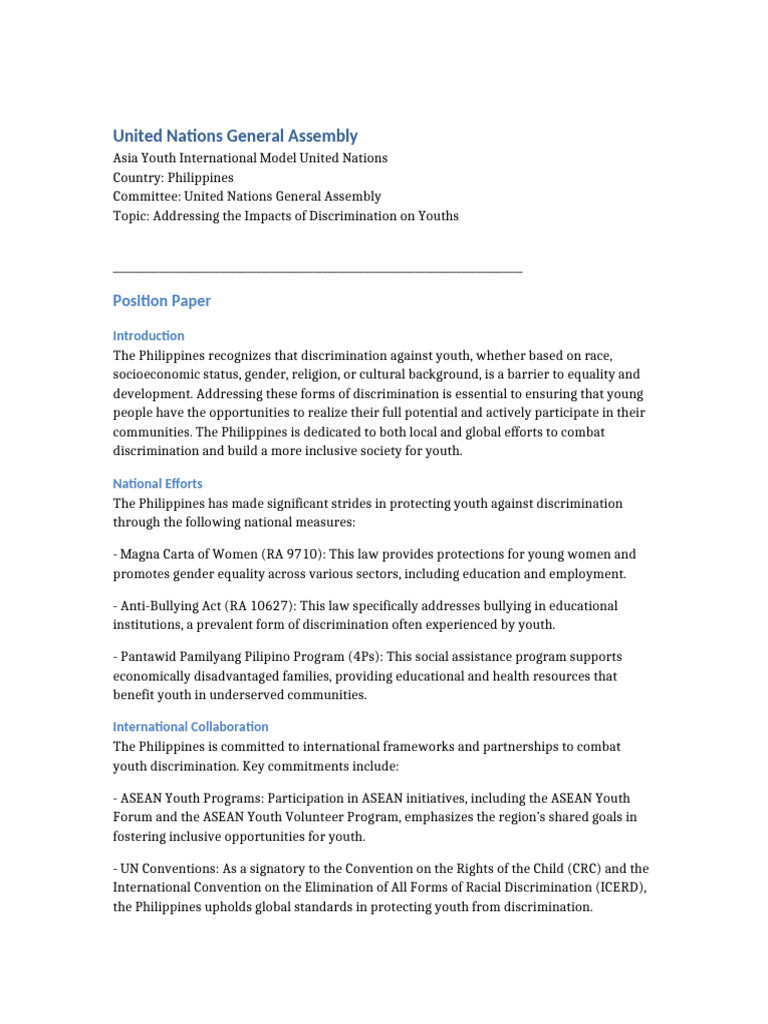 MUN Position Paper Template Philippines | PDF | Discrimination | Youth