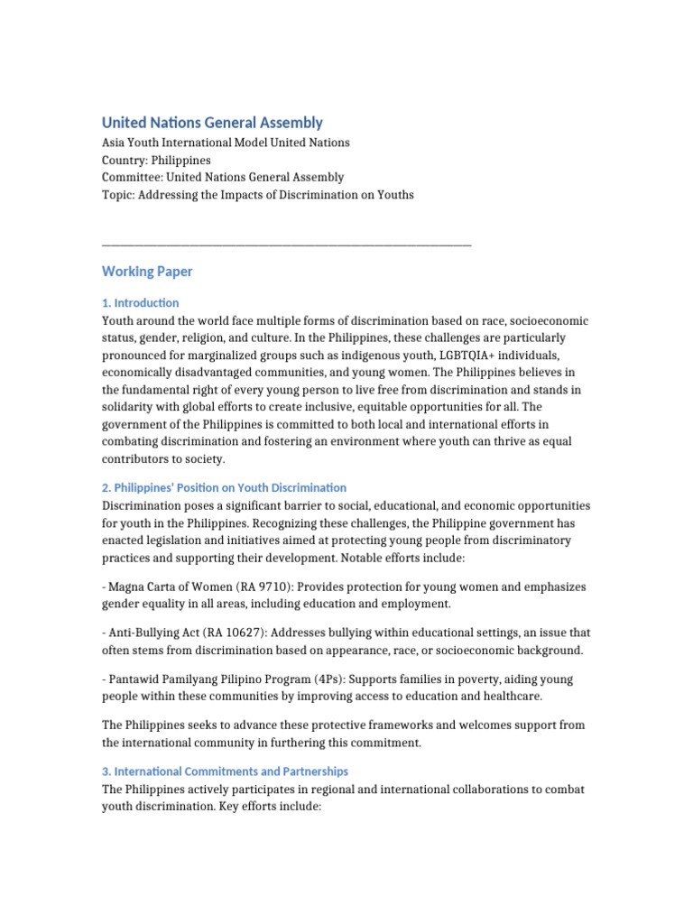 MUN Working Paper Template Philippines | PDF | Discrimination | Social ...