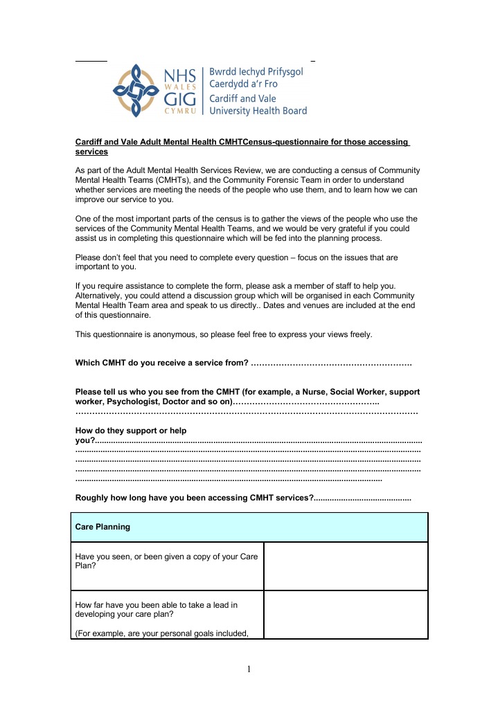 Questionnaire for People Who Access CMHT Services | Mental Health ...