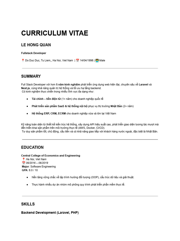 Summary Full Stack Vietnamese Le Hong Quan | PDF