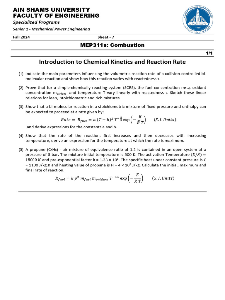 Sheet (7) - Combustion - Chemical Kinetics - MEP311s | PDF