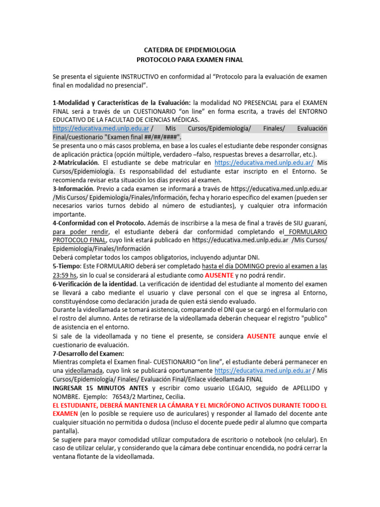 PROTOCOLO Evaluación Final. Epi 2025 | PDF | Videotelefonía | Informática