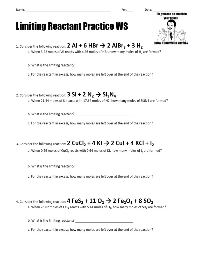MY___ Limiting Reactants Practice | PDF | Mole (Unit) | Physical Quantities
