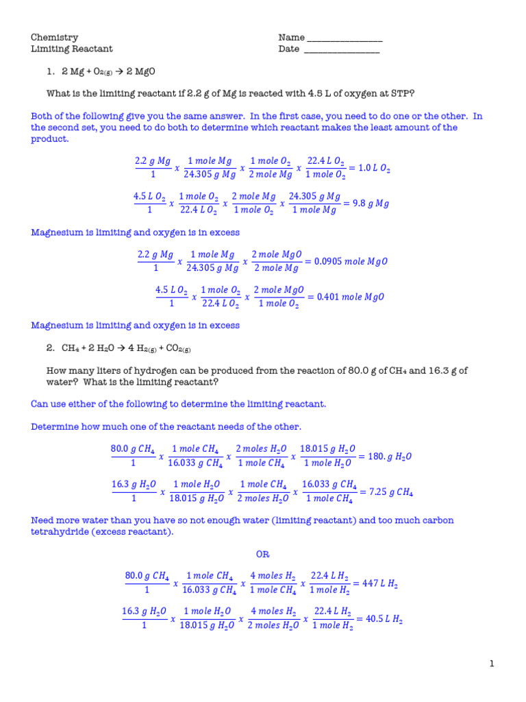 MY HW - Limiting Reactant Practice Answers | PDF | Physical Sciences ...