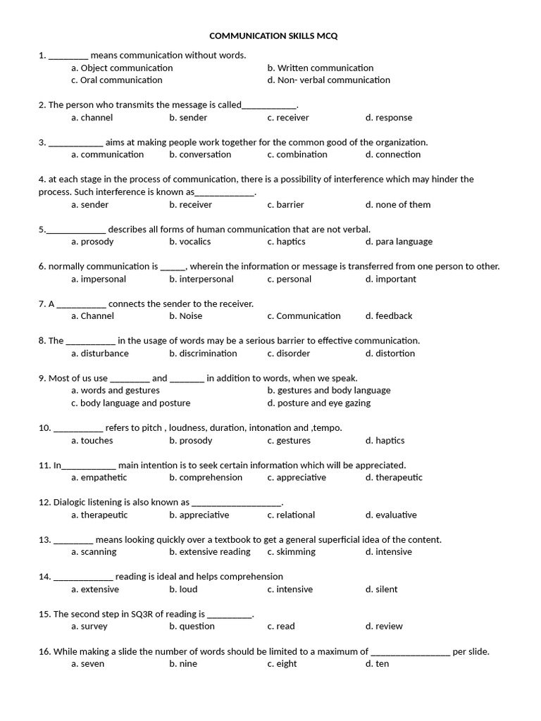 Communication Skills MCQs with Answers | PDF | Communication | Subject ...
