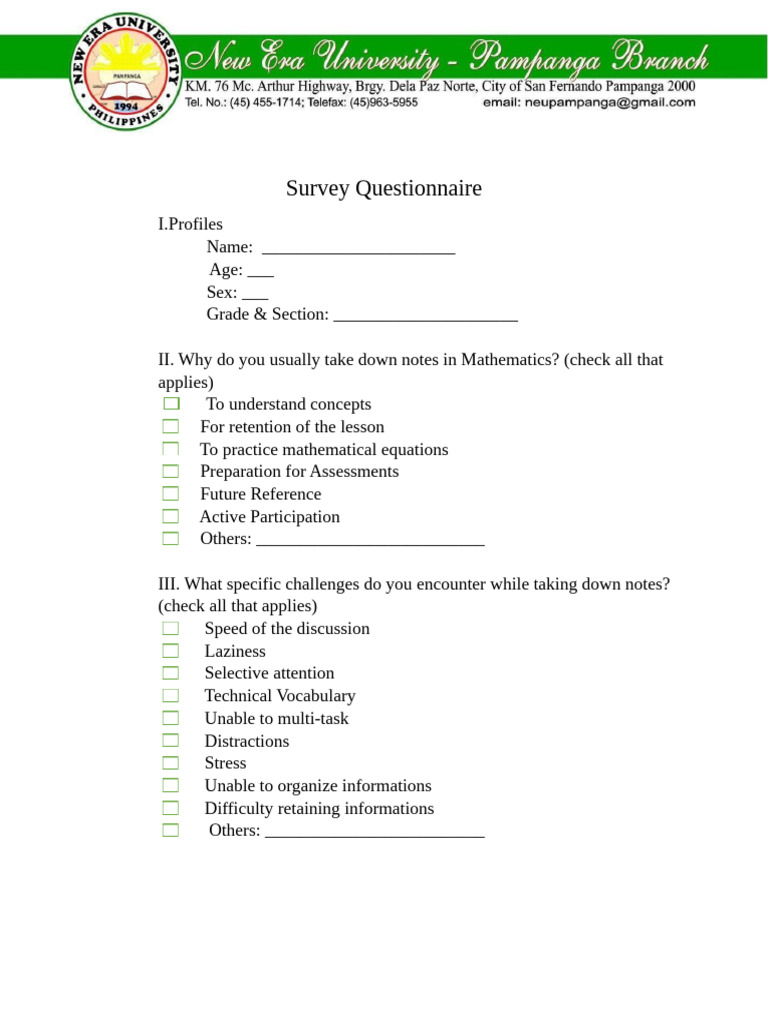 Survey Questionnaire | PDF