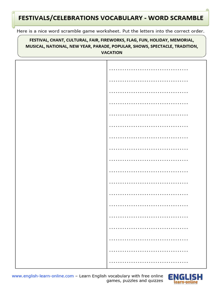Festivals Celebrations Vocabulary Word Scramble Game Worksheet | PDF