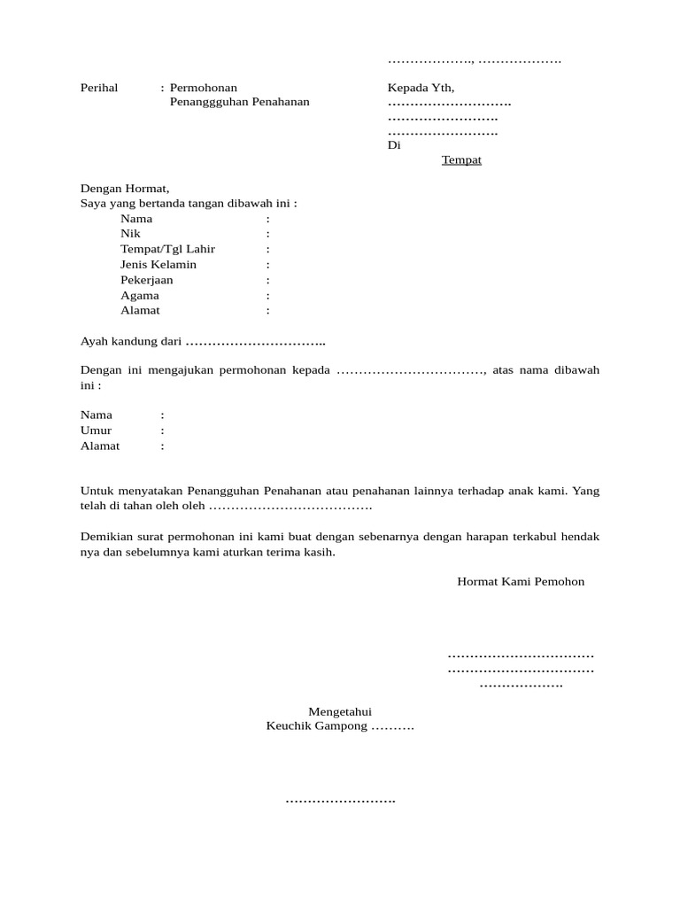 Contoh Surat Penangguhan Penahanan | PDF