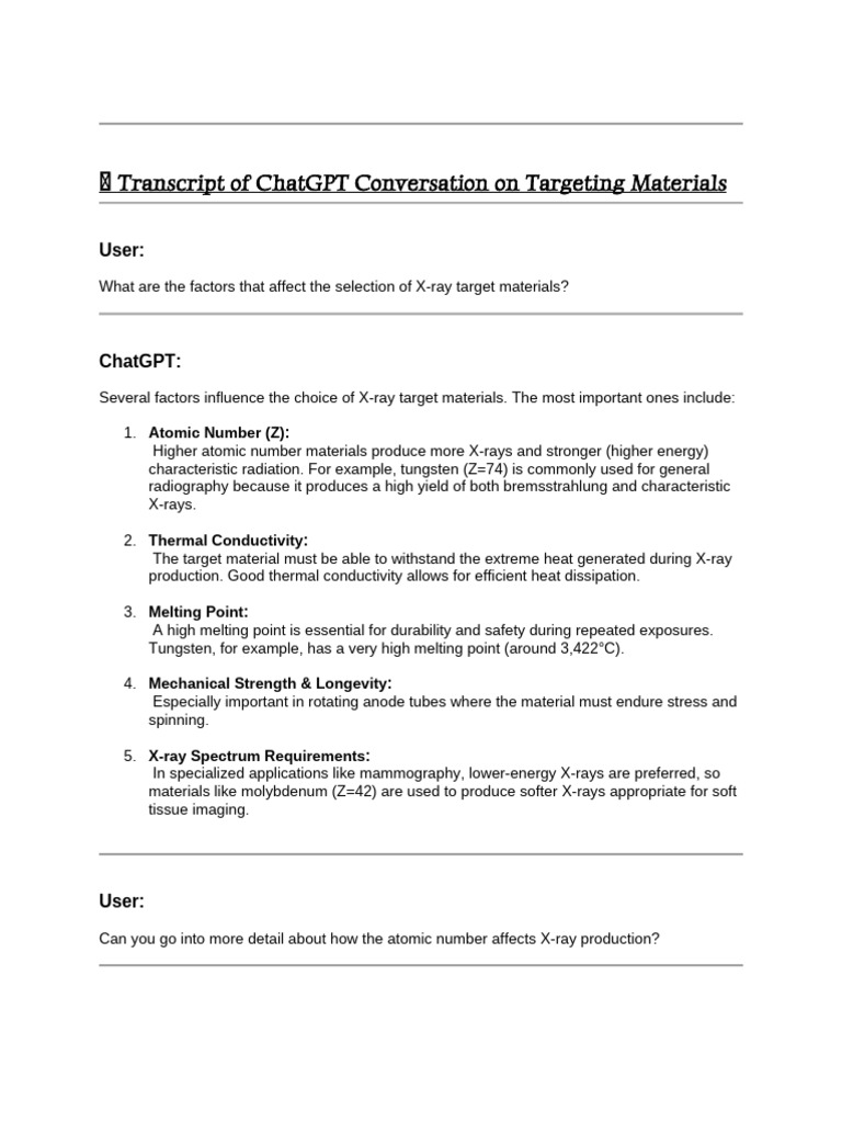? Transcript of ChatGPT Conversation On Targeting Materials | PDF | X Ray | Electron