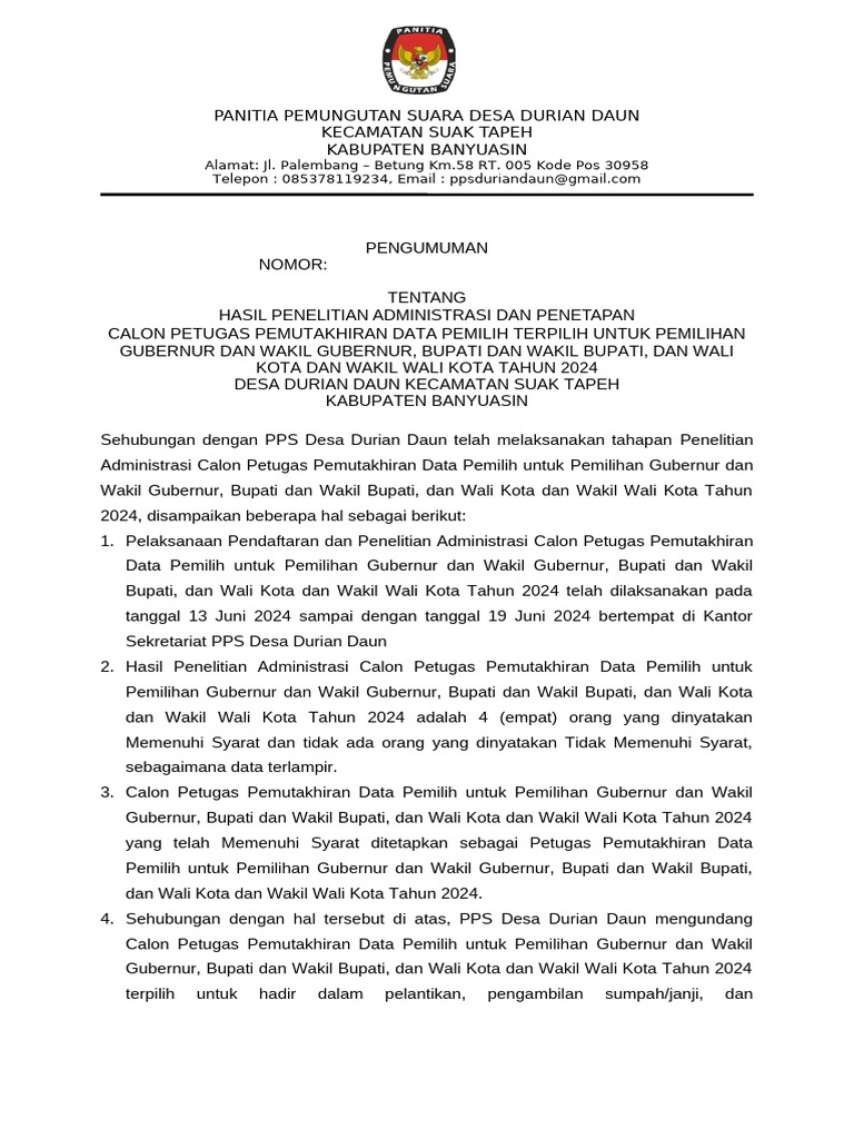 Pengumuman Hasil Penelitian Pantarlih | PDF