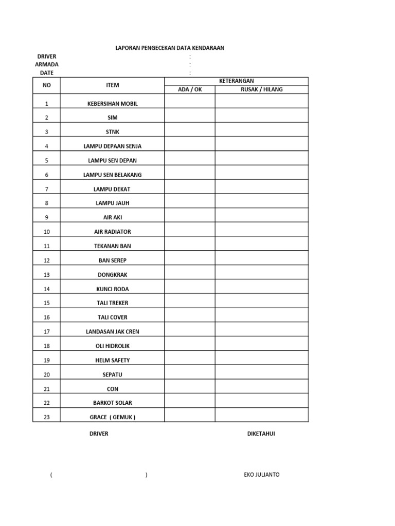 Checklist Pengecekan Kendaraan Perusahaan | PDF