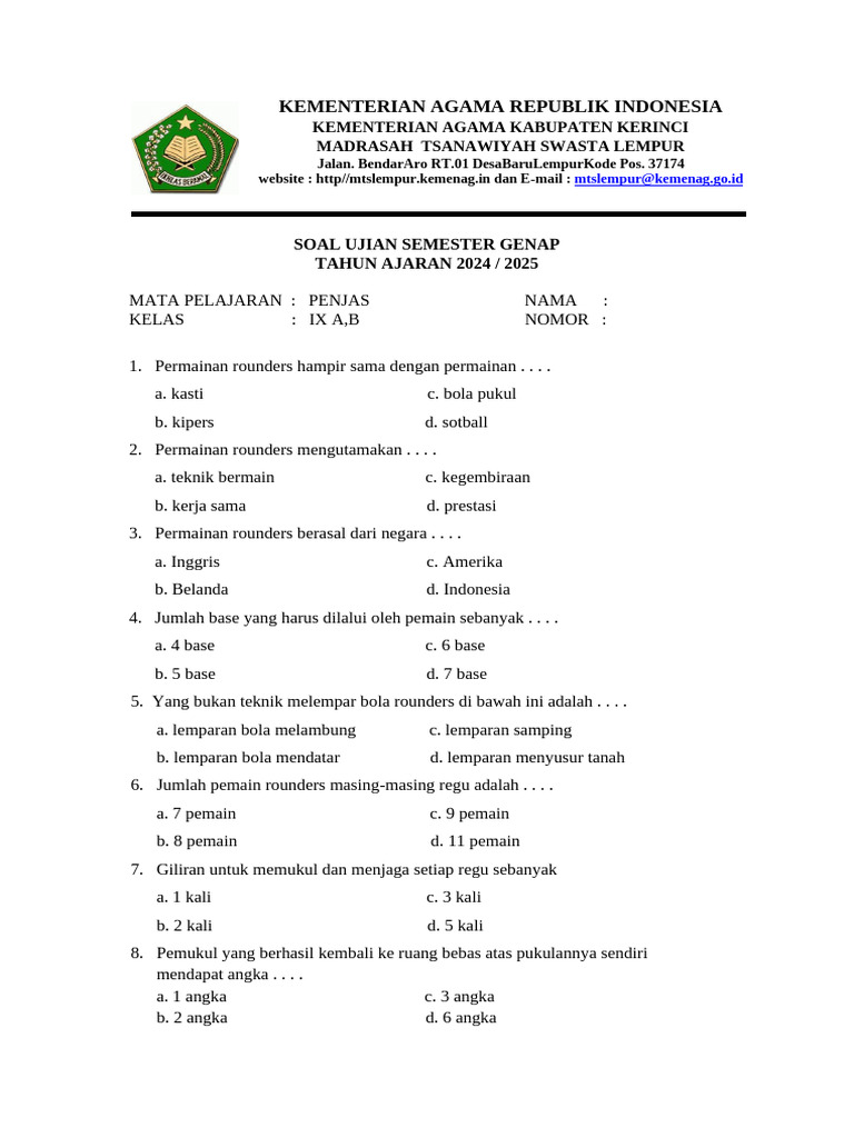 (Print) Soal Ujian Semester Genap Penjas 2025 | PDF