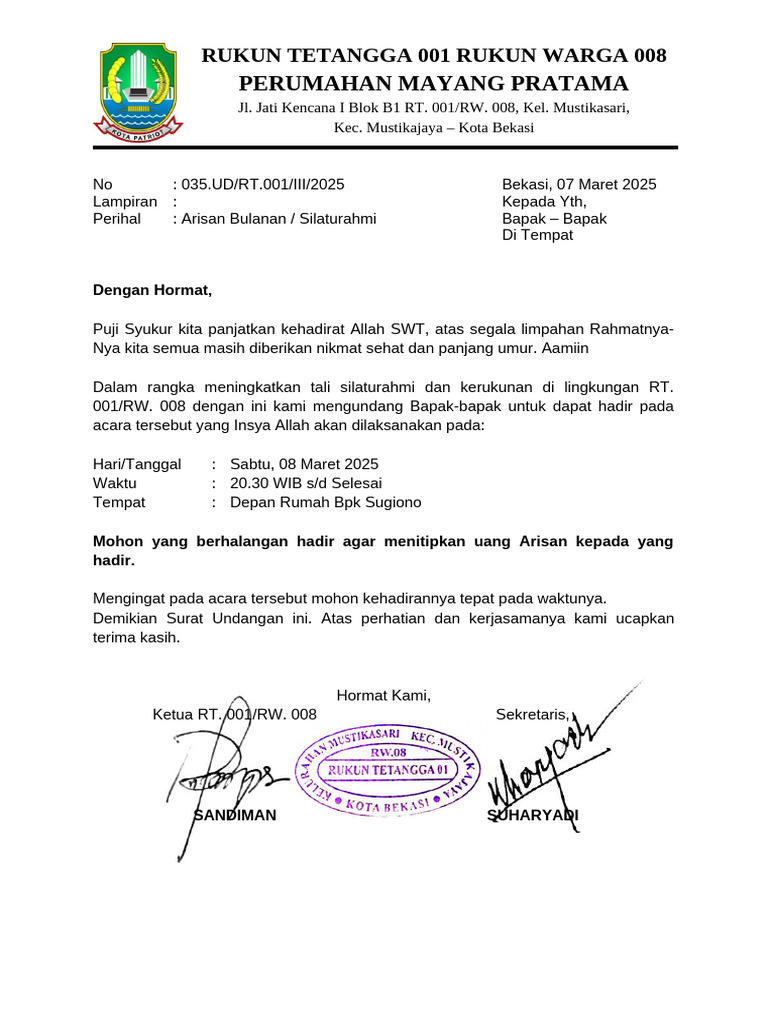 Undangan Arisan Bulanan RT 001/RW 008 | PDF
