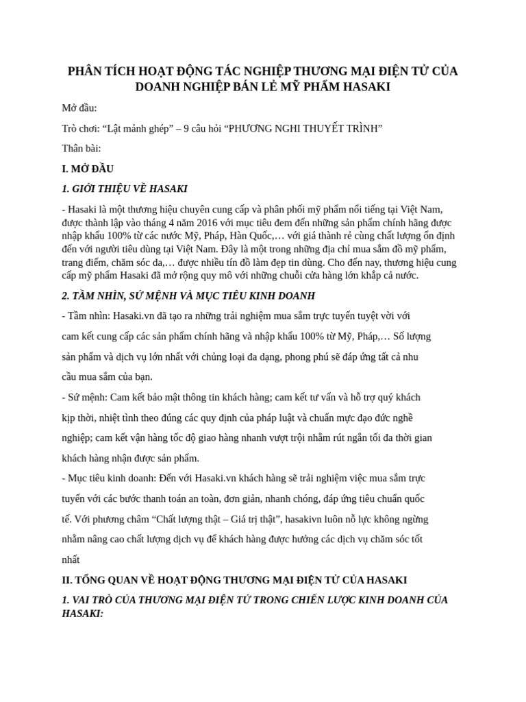 PHÂN TÍCH HOẠT ĐỘNG TÁC NGHIỆP THƯƠNG MẠI ĐIỆN TỬ CỦA DOANH NGHIỆP BÁN LẺ MỸ PHẨM HASAKI | PDF