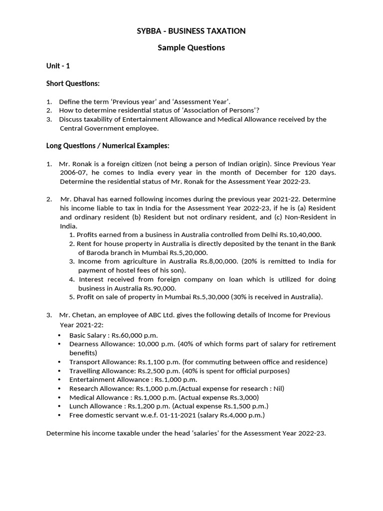 Business Taxation - Sample Questions For End Semester Exam | PDF ...