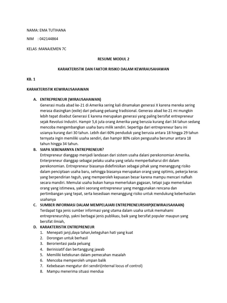 Ema Tutihana Resum Kewirausahaan Modul 2 | PDF