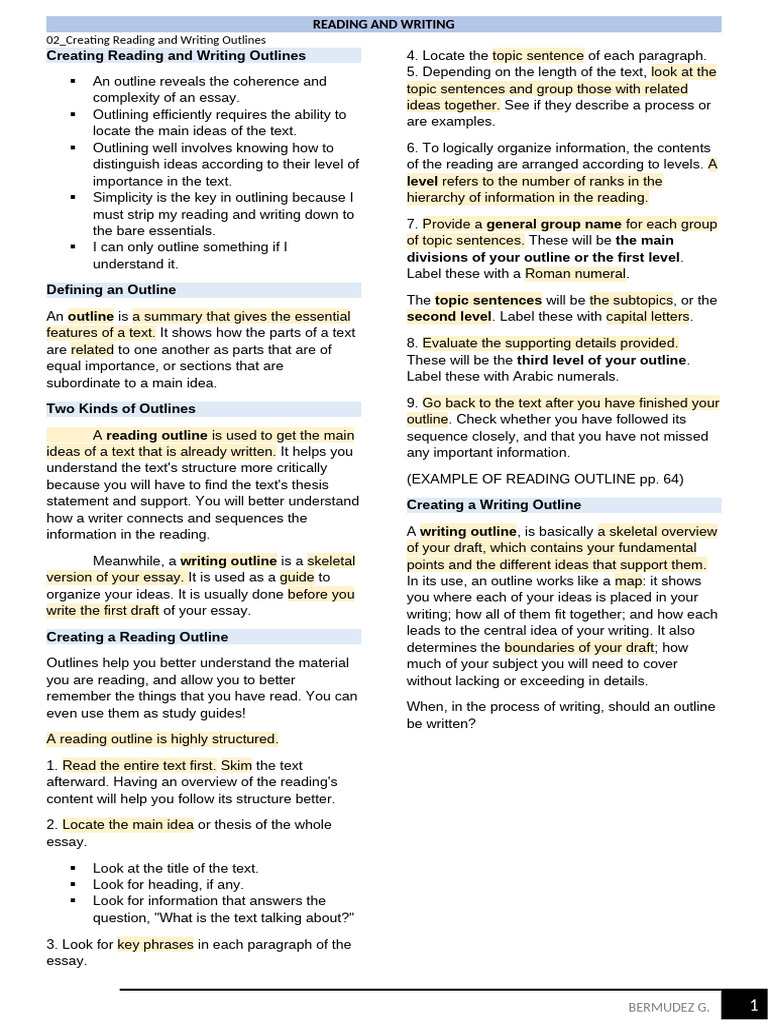 02 - Creating Reading and Writing Outlines | PDF | Essays | Human ...