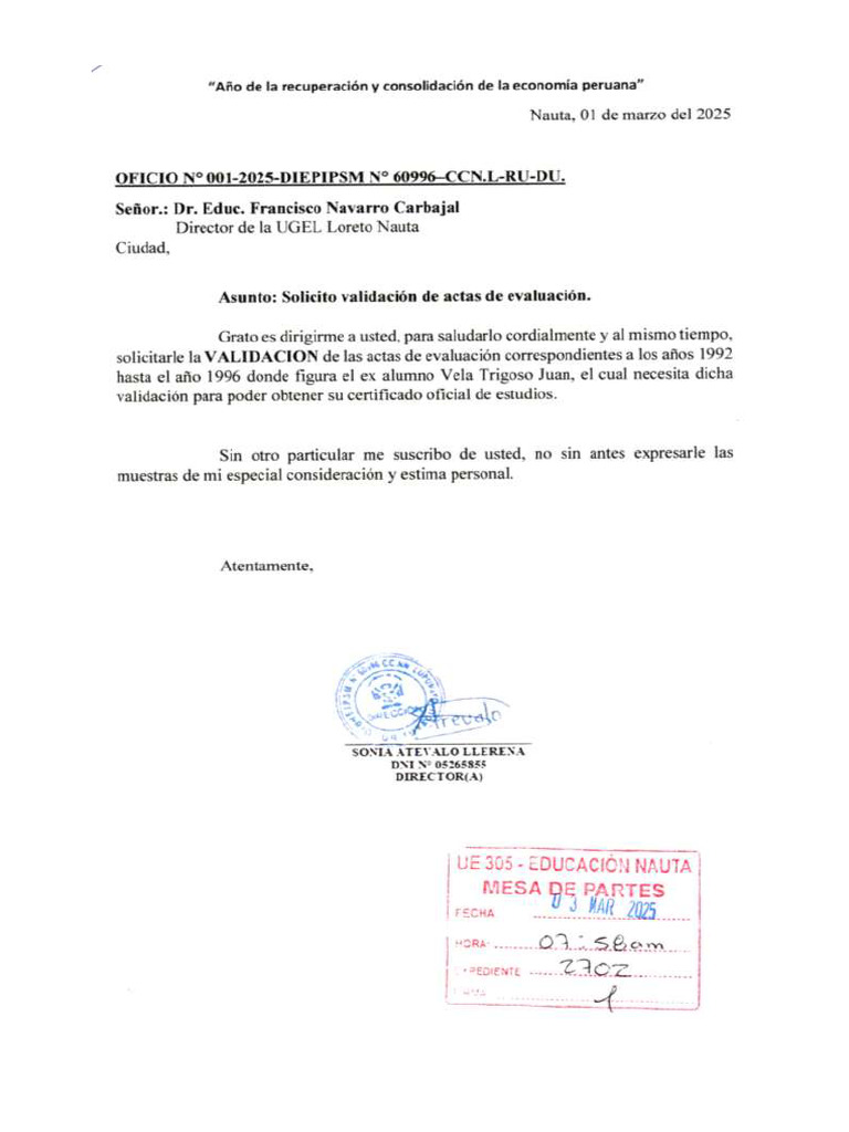 Oficio - N - 001 - Validacion de Actas de Evaluacion - 60996 | PDF | Perú