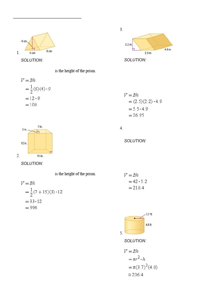 12-4 Volumes of Prisms and Cylinders | PDF | Area | Volume
