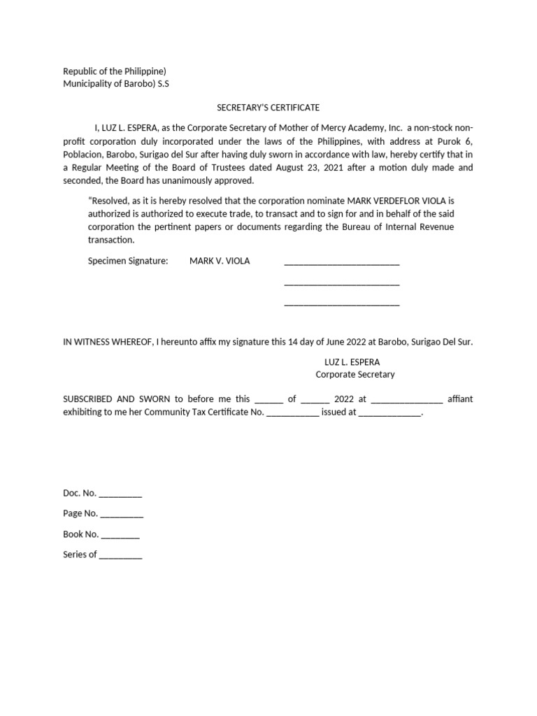 Secretary's Certificate for BIR Authorization | PDF