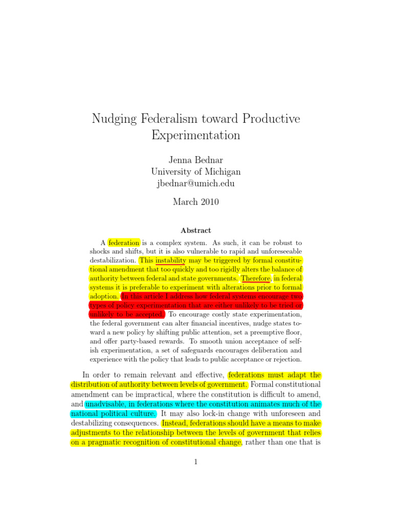 BEDNAR, Jenna. Nudging Federalism Toward Productive Experimentation | PDF | Chaos Theory | Policy