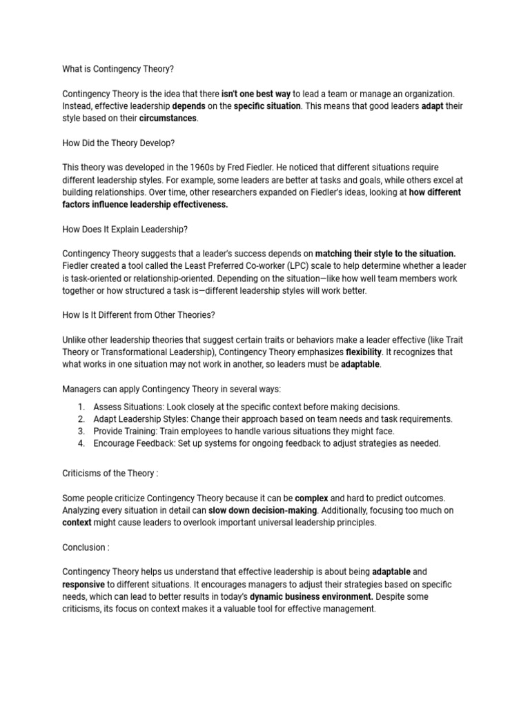 Business Contingency Leadership Theory | PDF | Leadership | Cognition