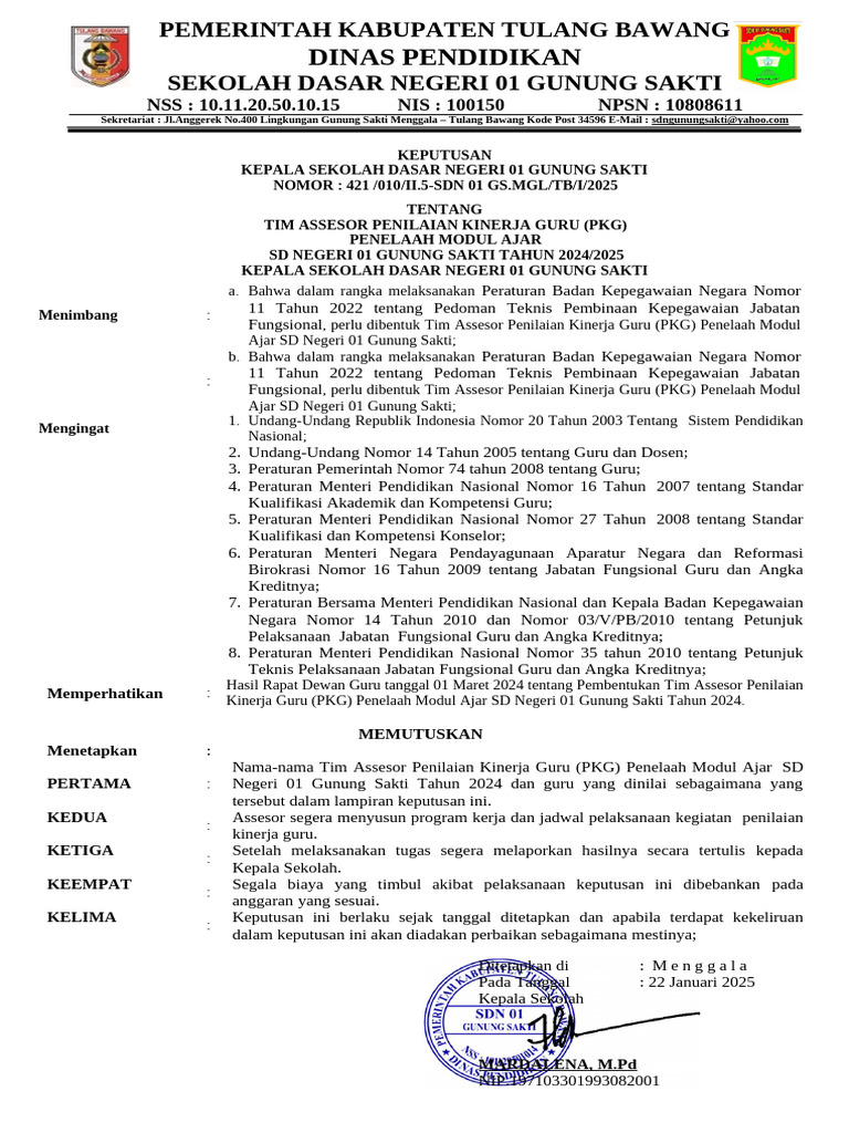 SK Tim Asesor SDN 01 Gunung Sakti Semester 2 Tahun 2025 Observasi | PDF