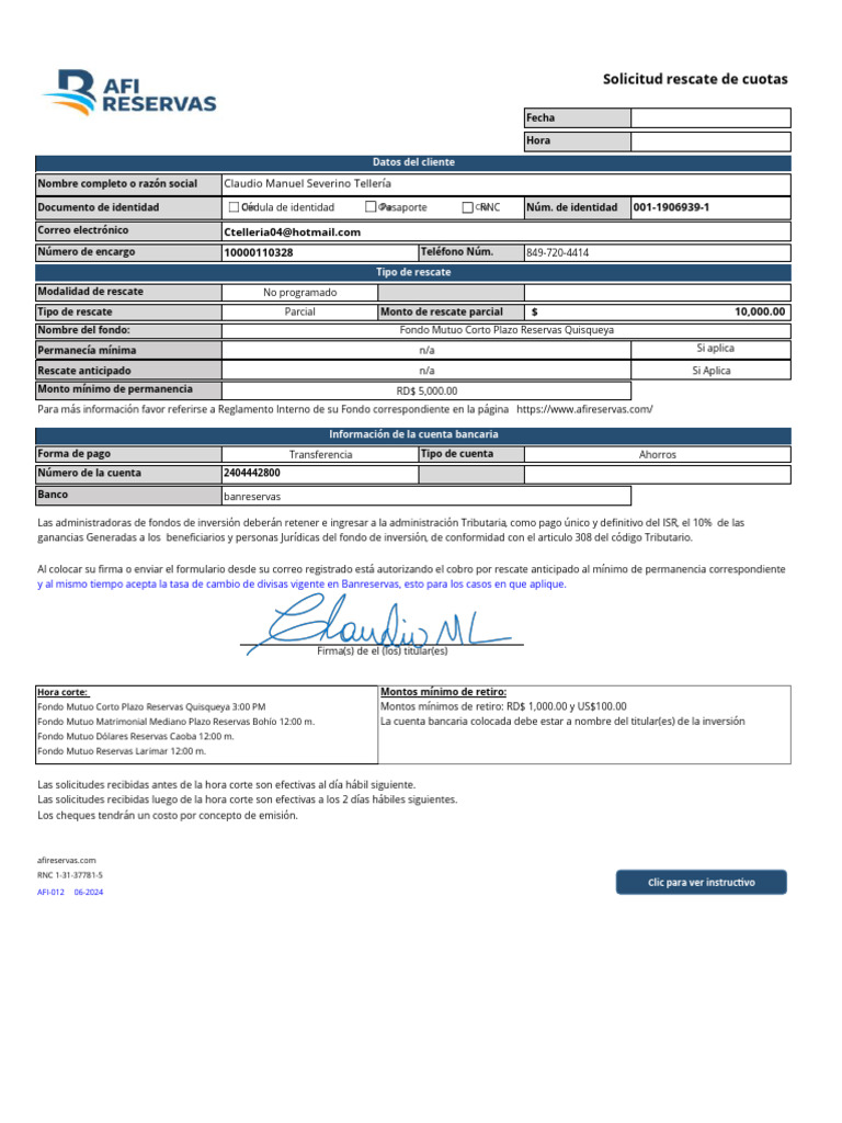 AFI-012 Solicitud Rescate de Cuotas Firmando | PDF | Bancos | Transferencia bancaria