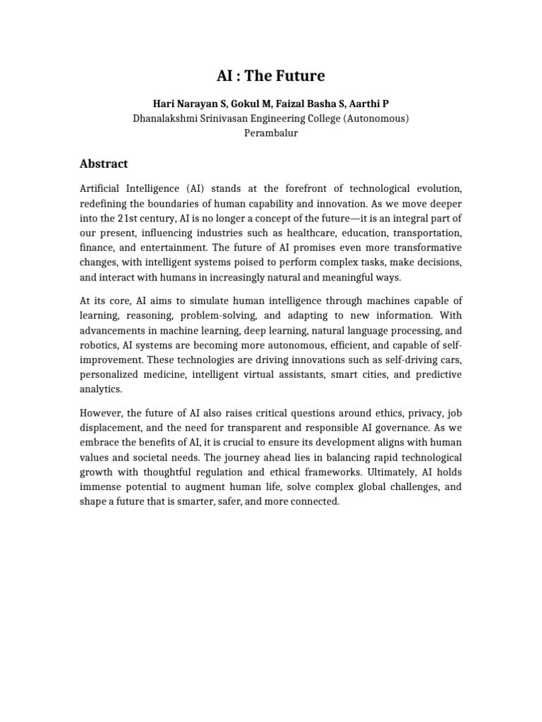 The Future of AI: Innovations and Ethics | PDF