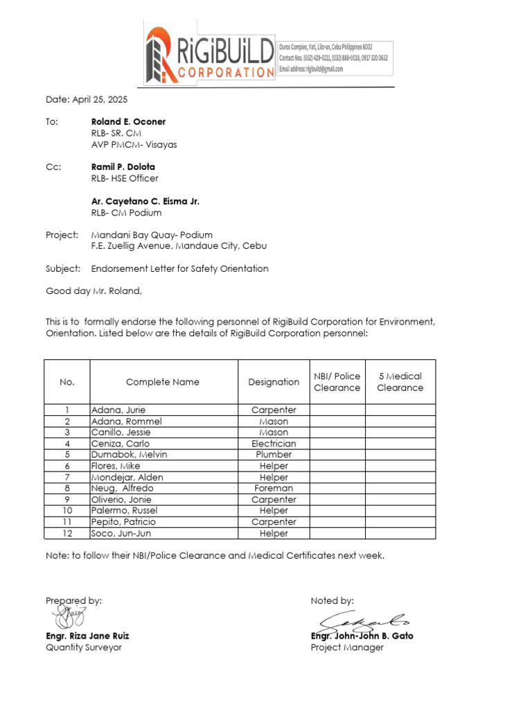 Endorsement Letter For Safety Orientation | PDF