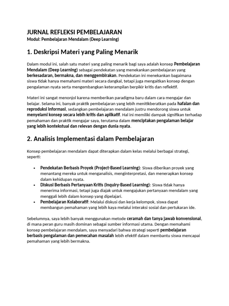 Jurnal Refleksi Pembelajaran Deep Learning | PDF
