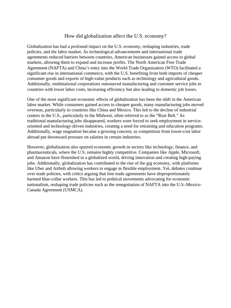 How Did Globalization Affect The U.S. Economy - Test | PDF
