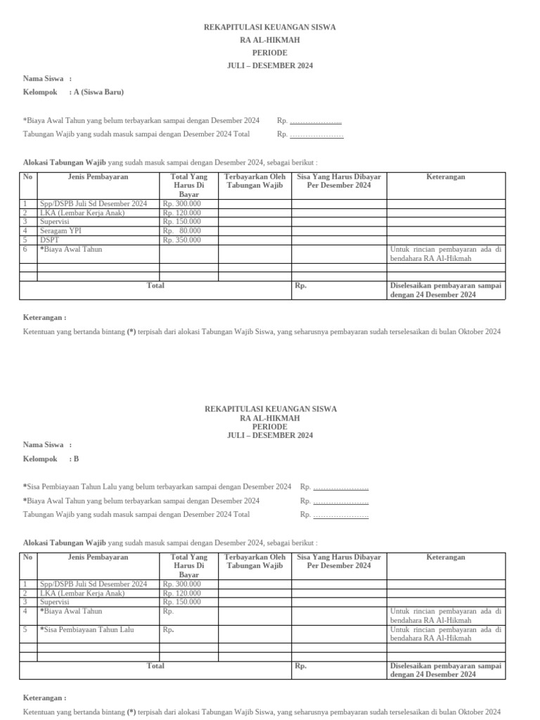 Rekapitulasi Pembayaran Siswa RA Al-Hikmah Per Desember 2024 | PDF