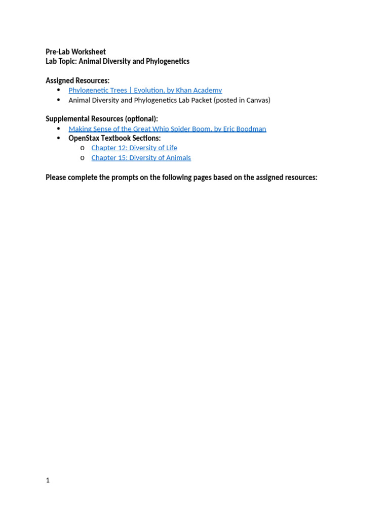 Animal Diversity and Phylogenetics (Pre-Lab) | PDF