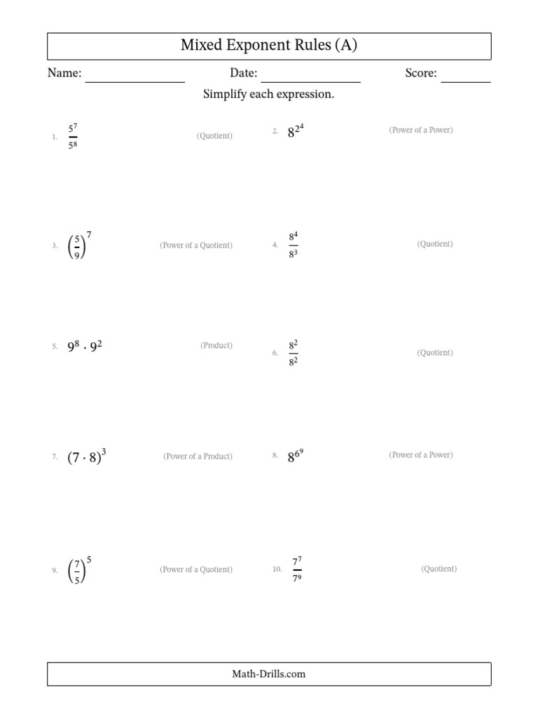 Algebra Exponent Rules Basic Mixed Positive 001.1739984937 | PDF ...